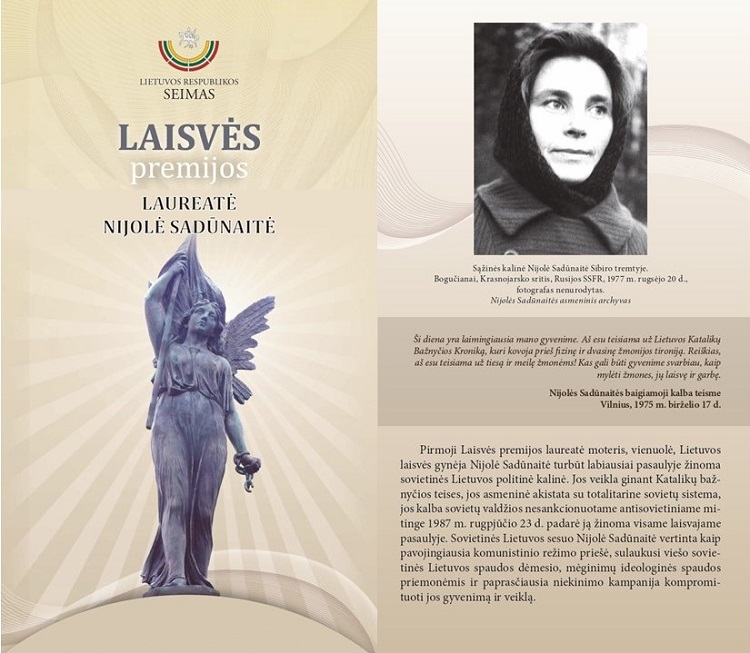 Bukletas „Laisvės premijos laureatė Nijolė Sadūnaitė“ - Bukleto viršelis